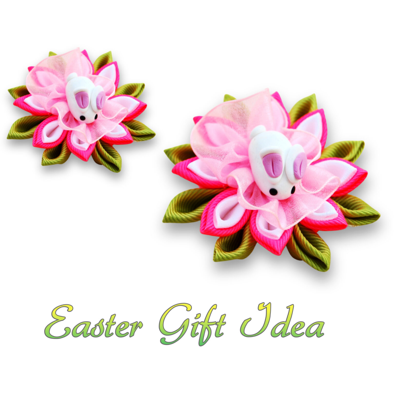 Easter Hair Bows, Set of 2 Ponytail Holders, Spring Hair Elastics, Pink ...
